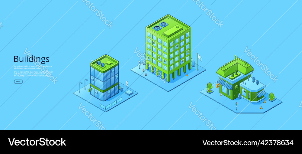 Buildings poster with isometric office and store Vector Image