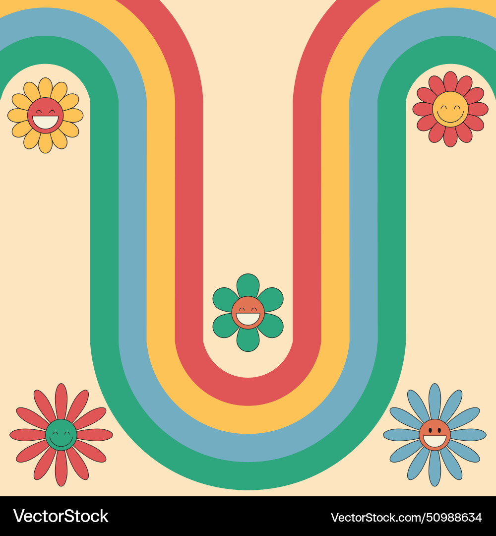 Groovy background with daisy flowers and rainbow Vector Image