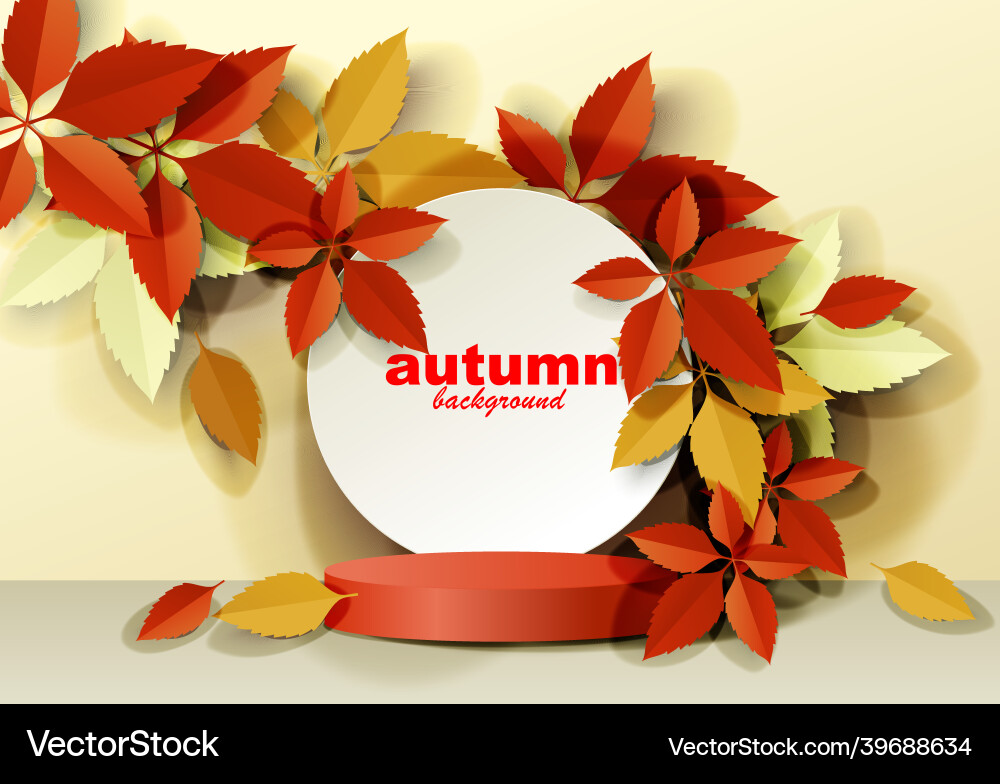 Red round display podium mockup paper cut fall Vector Image