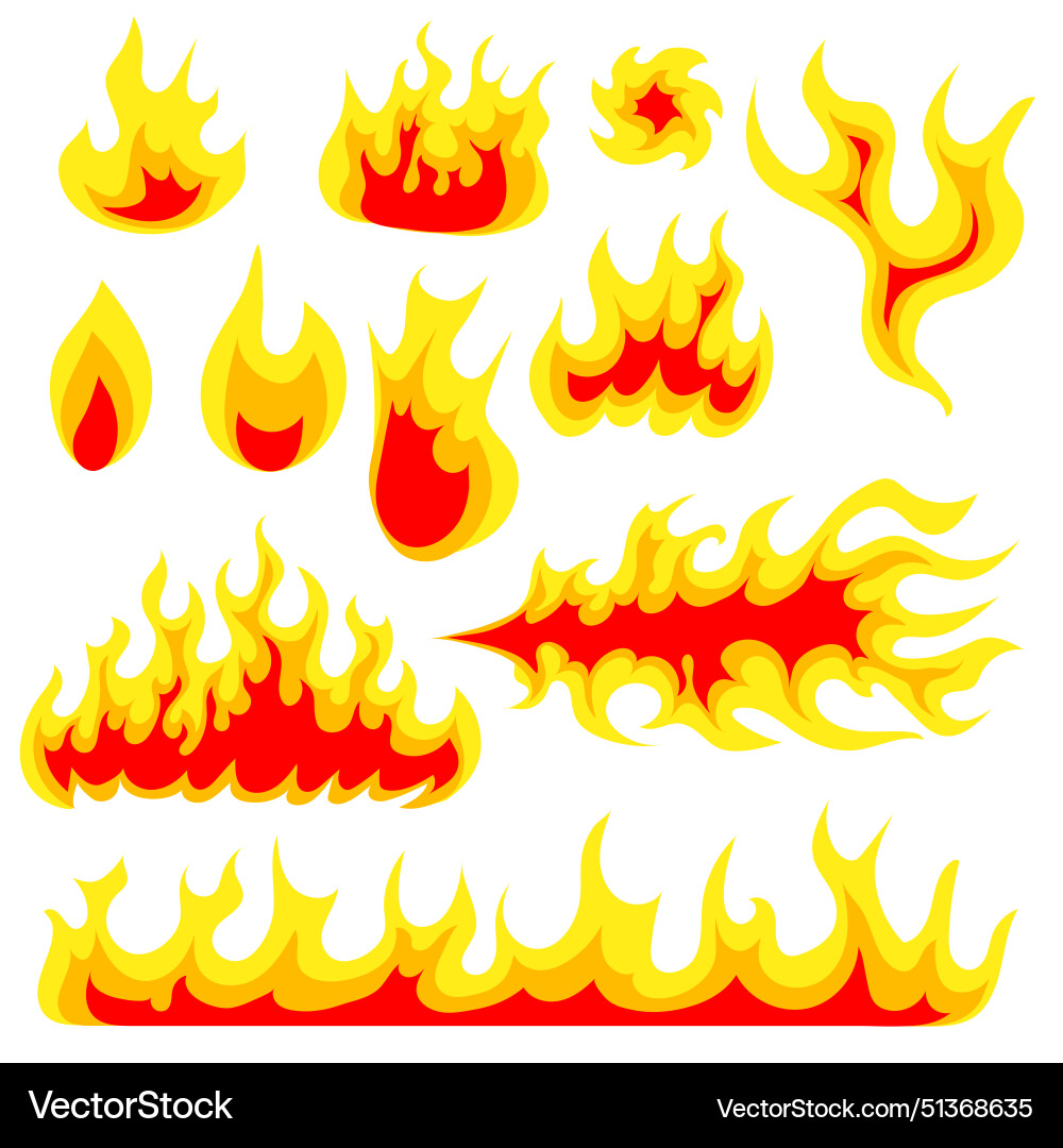 Red fire game icons set comic large boom flame Vector Image