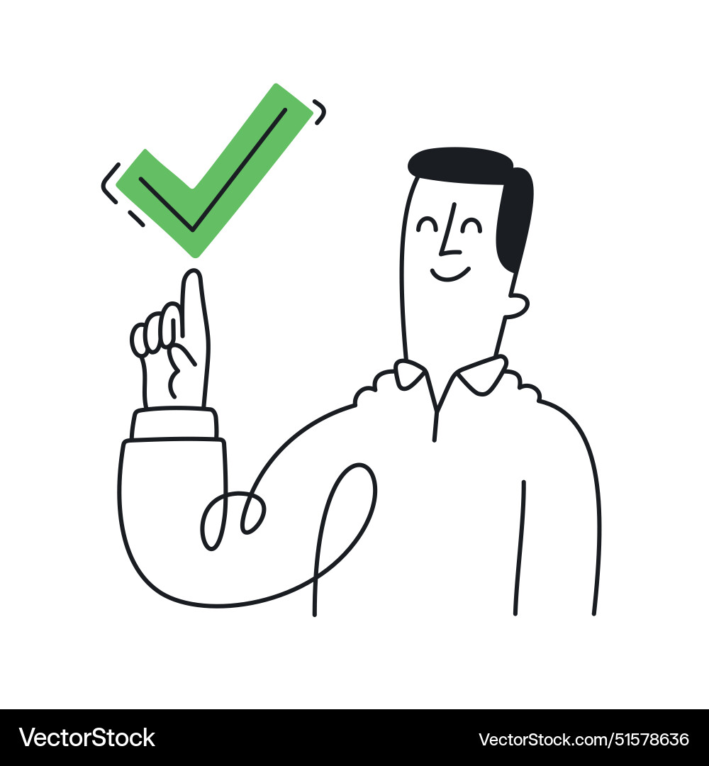 Confident man pointing at green checkmark Vector Image