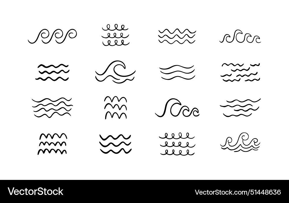 Doodle sea wave icons hand drawn storm Royalty Free Vector