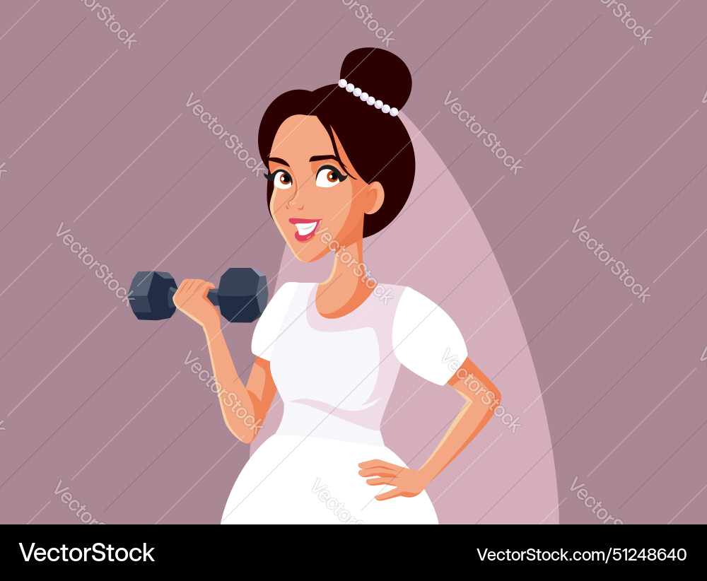 Happy bride working out with dumbbells cartoon Vector Image