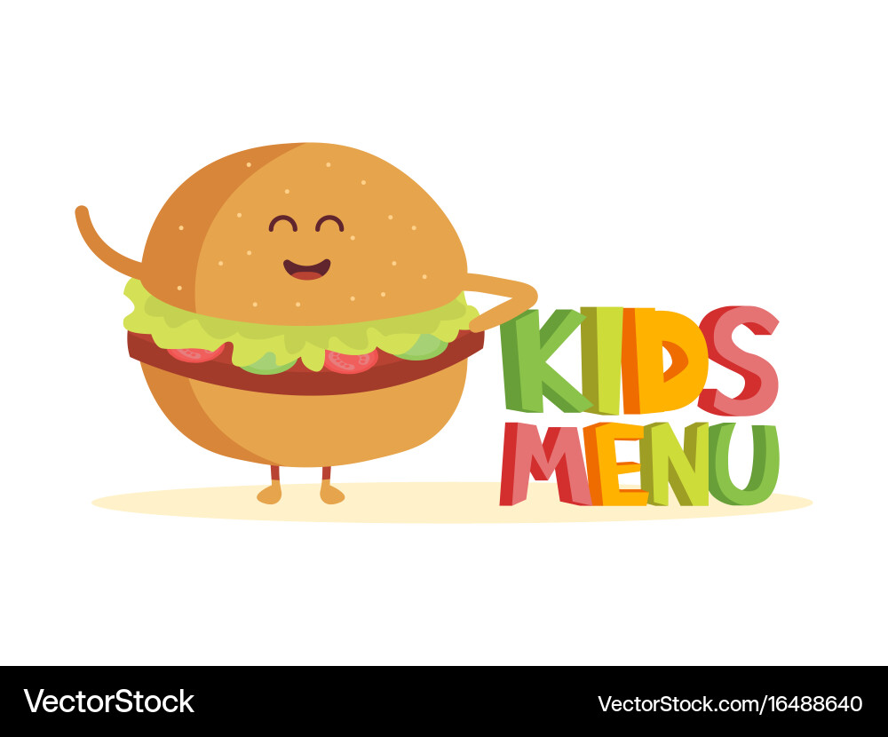 Kids menu funny 3d sign with burger characters Vector Image