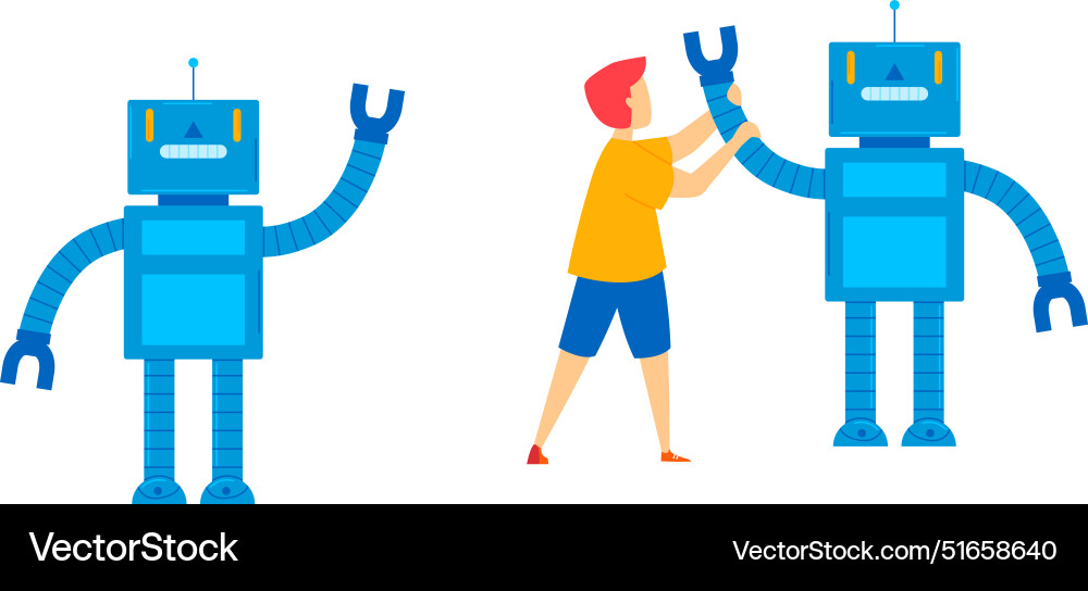 Young man repairing friendly blue robot Royalty Free Vector