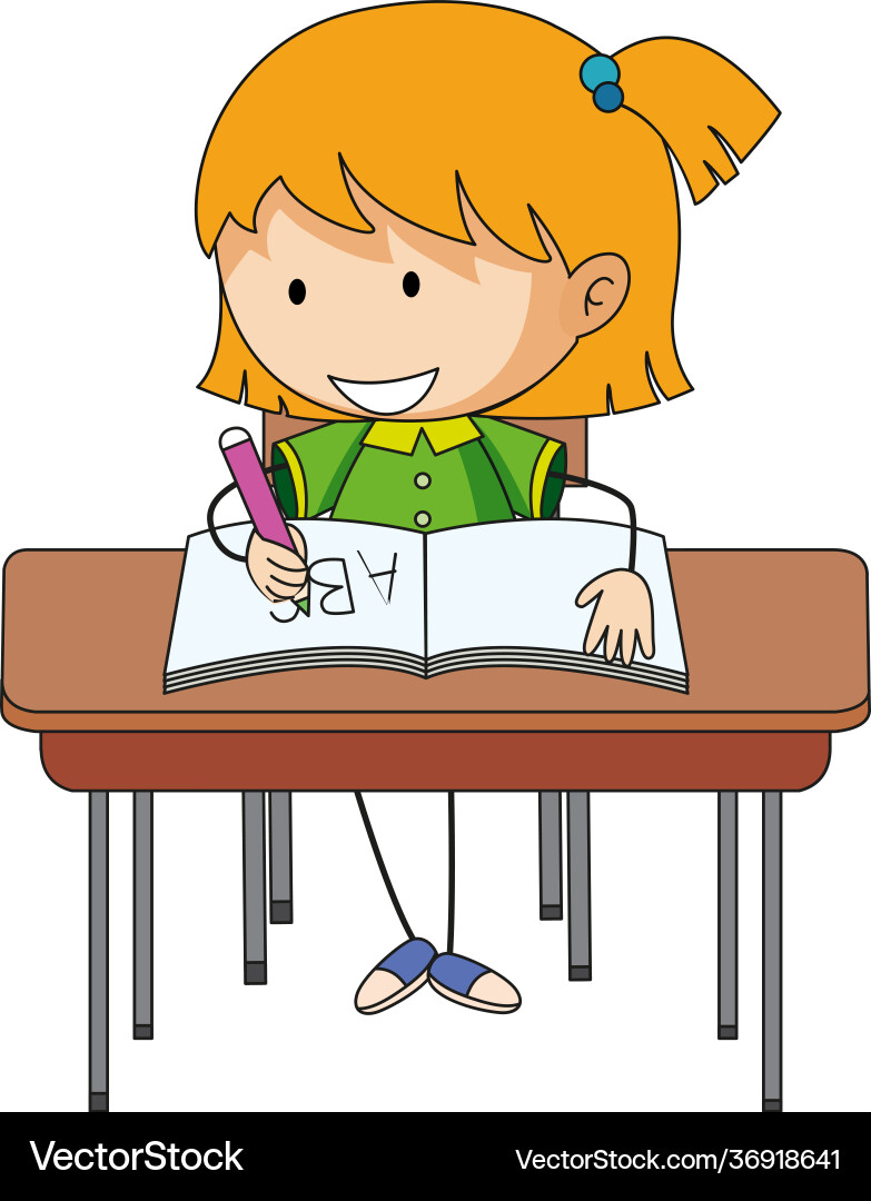 A girl doing homework doodle cartoon character Vector Image