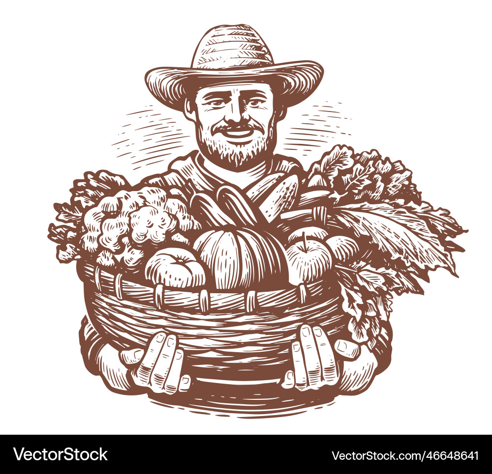 Farmer with freshly picked vegetables in basket Vector Image