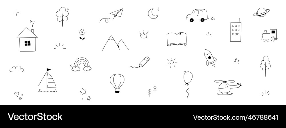 Hand drawn cute kid icon set background Royalty Free Vector