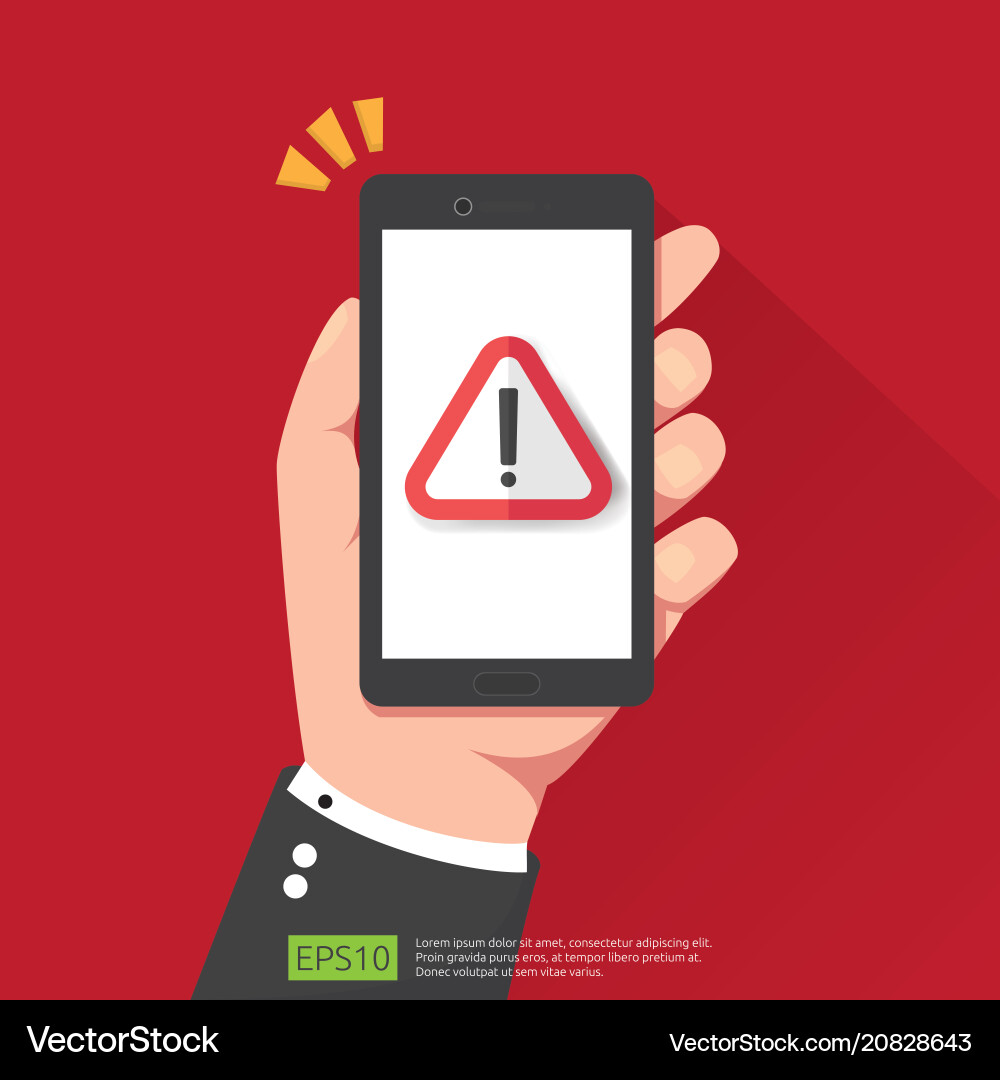 Hand holding phone with attention warning alert Vector Image