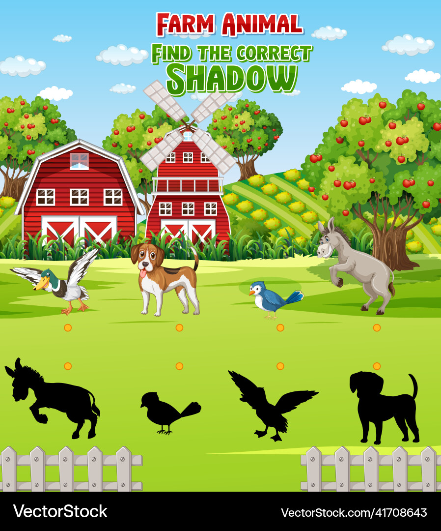 Matching farm animal shadow worksheet Royalty Free Vector