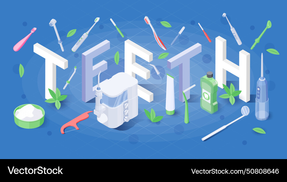 Teeth word isometric composition Royalty Free Vector Image