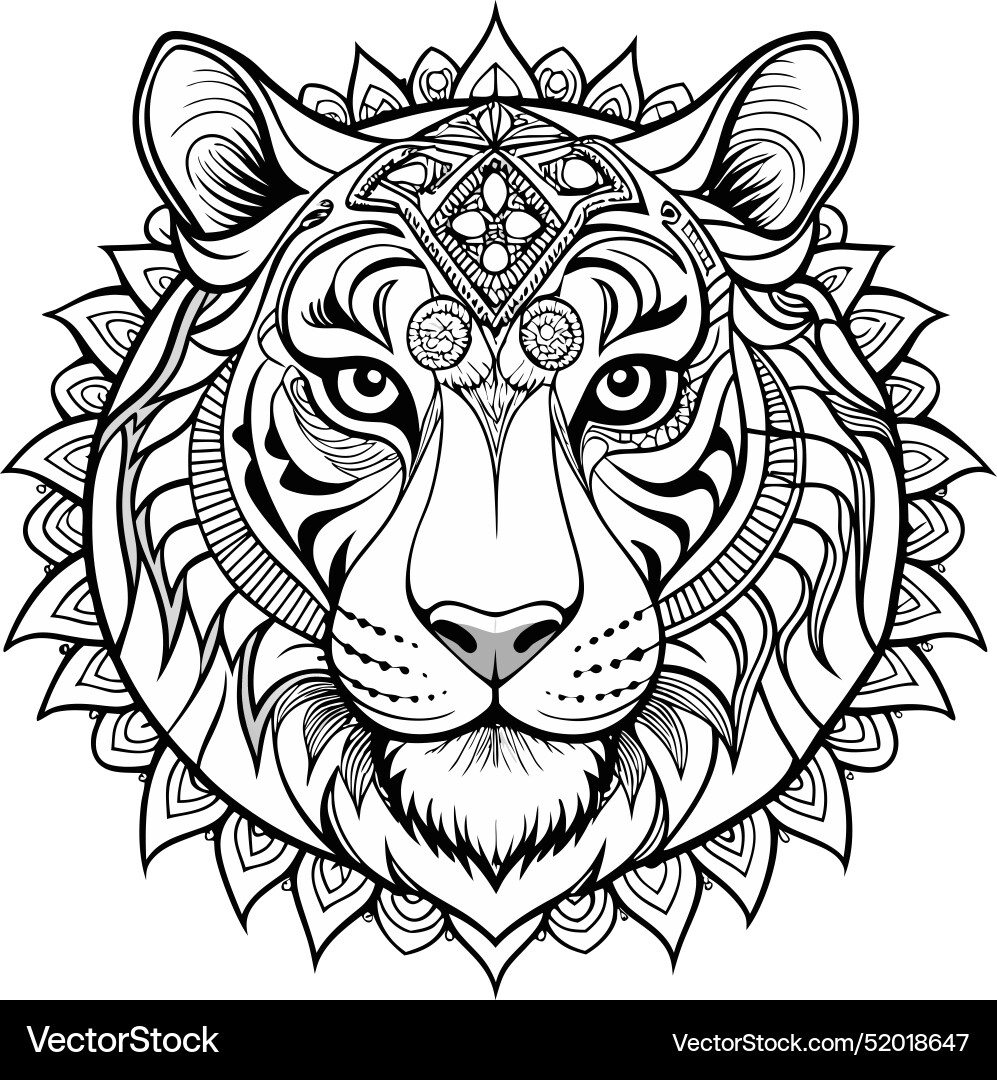 Tiger head mandala entangle coloring page Vector Image