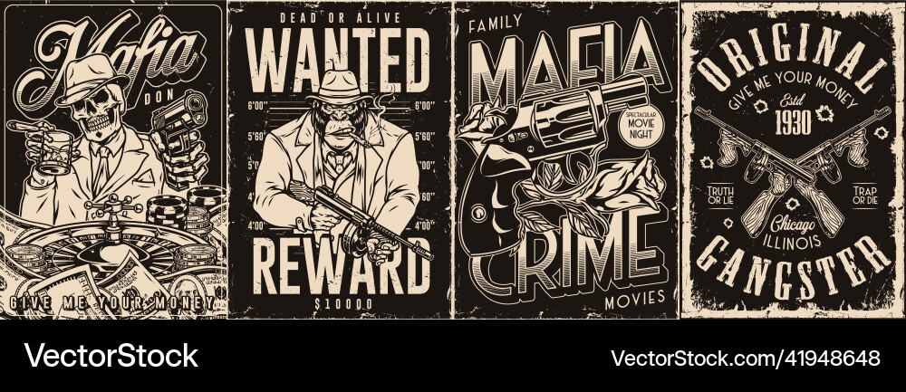 Mafia and weapons posters collection Royalty Free Vector