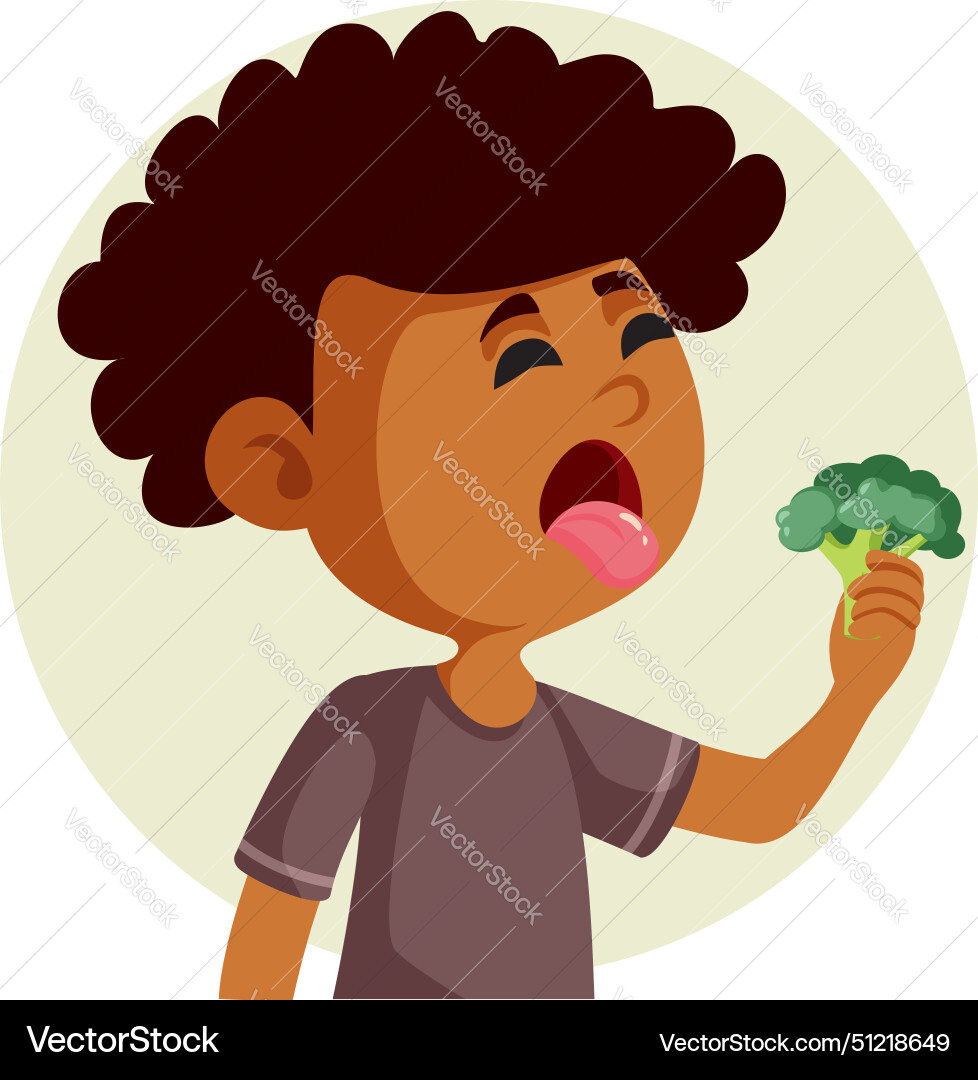 Funny kid disliking broccoli making faces cartoon Vector Image