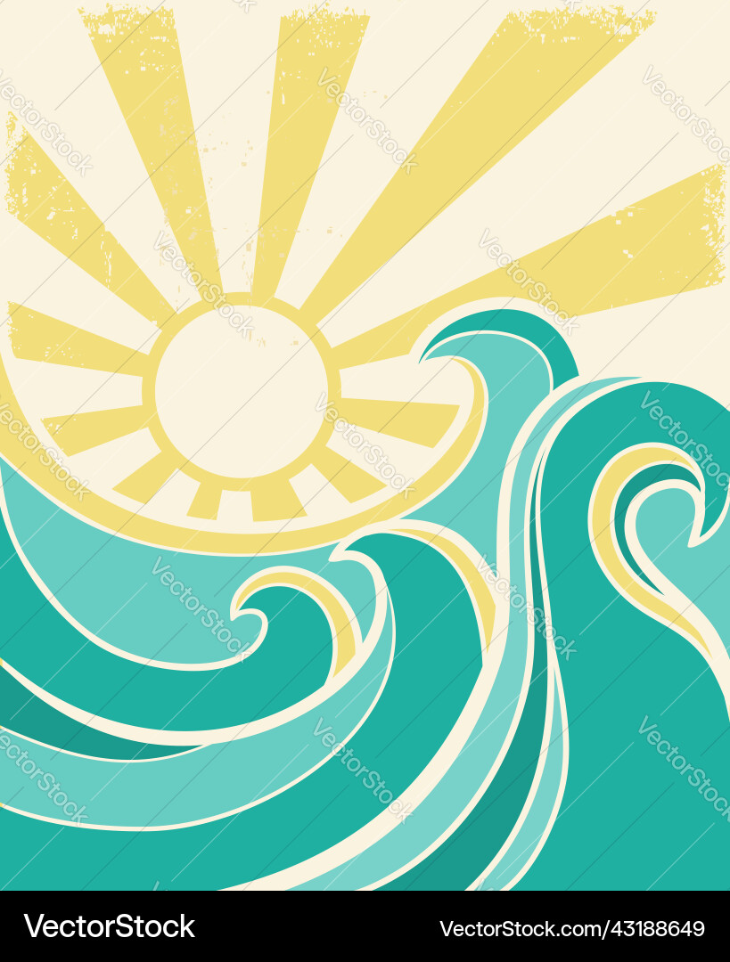 Vintage Ocean Waves Poster - Yellow Sun – Royalty-Free Vector | VectorStock