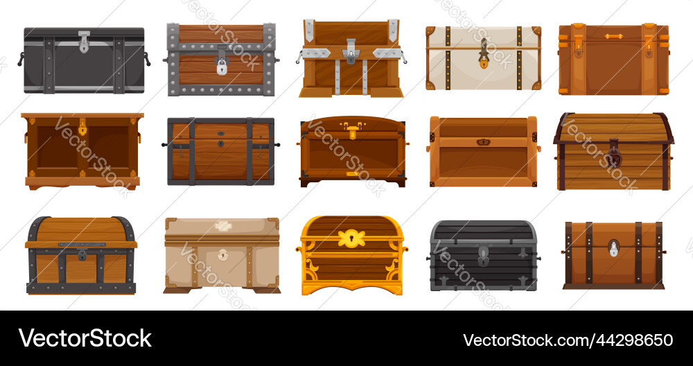 Cartoon chest boxes wooden treasure trunks set Vector Image