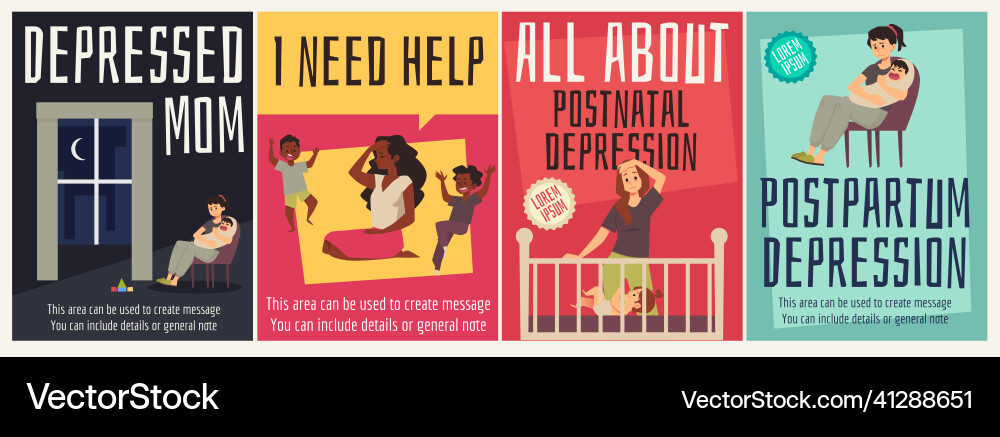 Postpartum depression posters flat set Royalty Free Vector