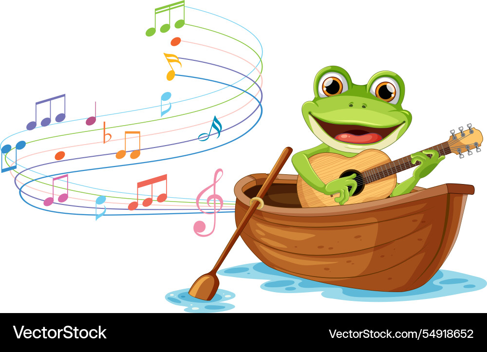 A cheerful frog strums a guitar in a boat Vector Image