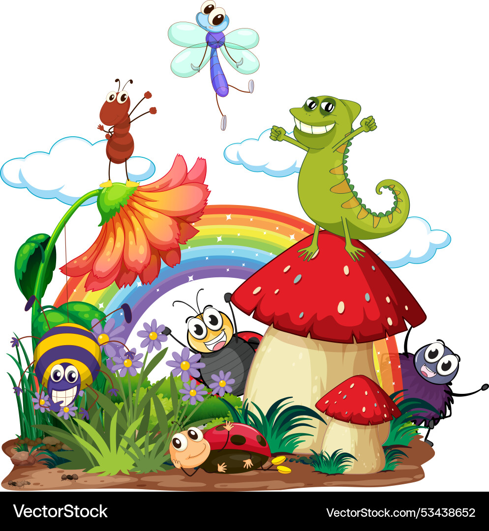 Colorful animals and insects in a forest scene Vector Image