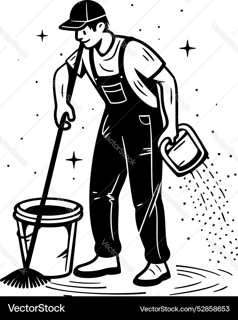 Squeaky clean man with bucket and mop emblem Vector Image