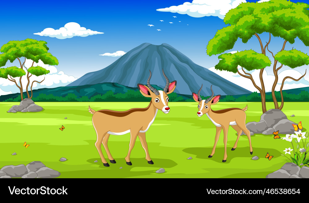Deer cartoon with landscape background Royalty Free Vector