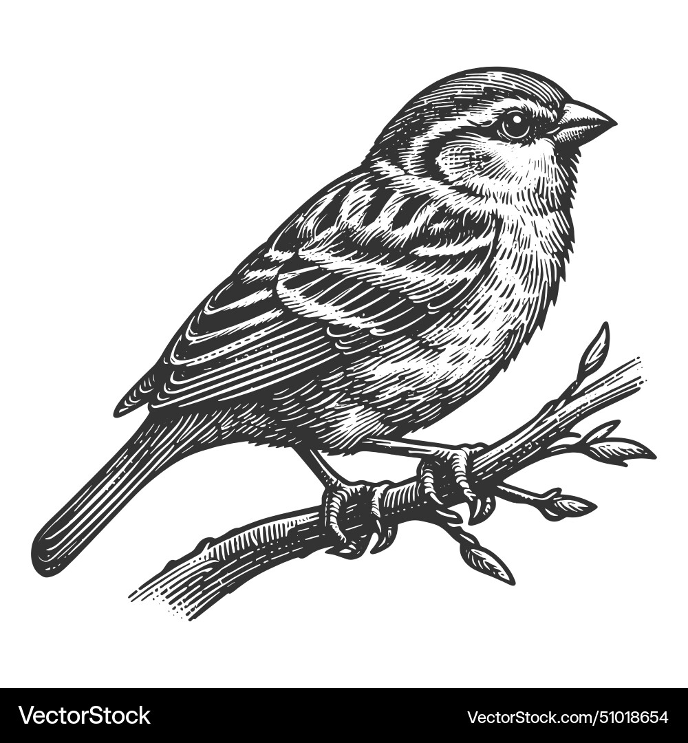 Sparrow on Branch – Engraving Style Vector Image