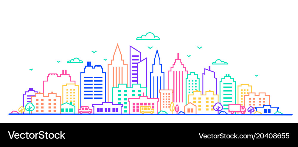 City landscape thin line in neon Royalty Free Vector Image