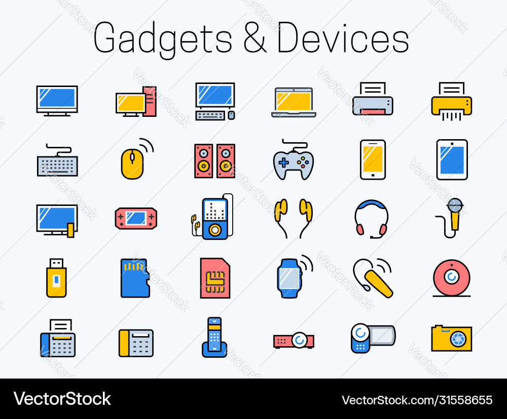 Electronics gadgets and devices icon set in thin Vector Image