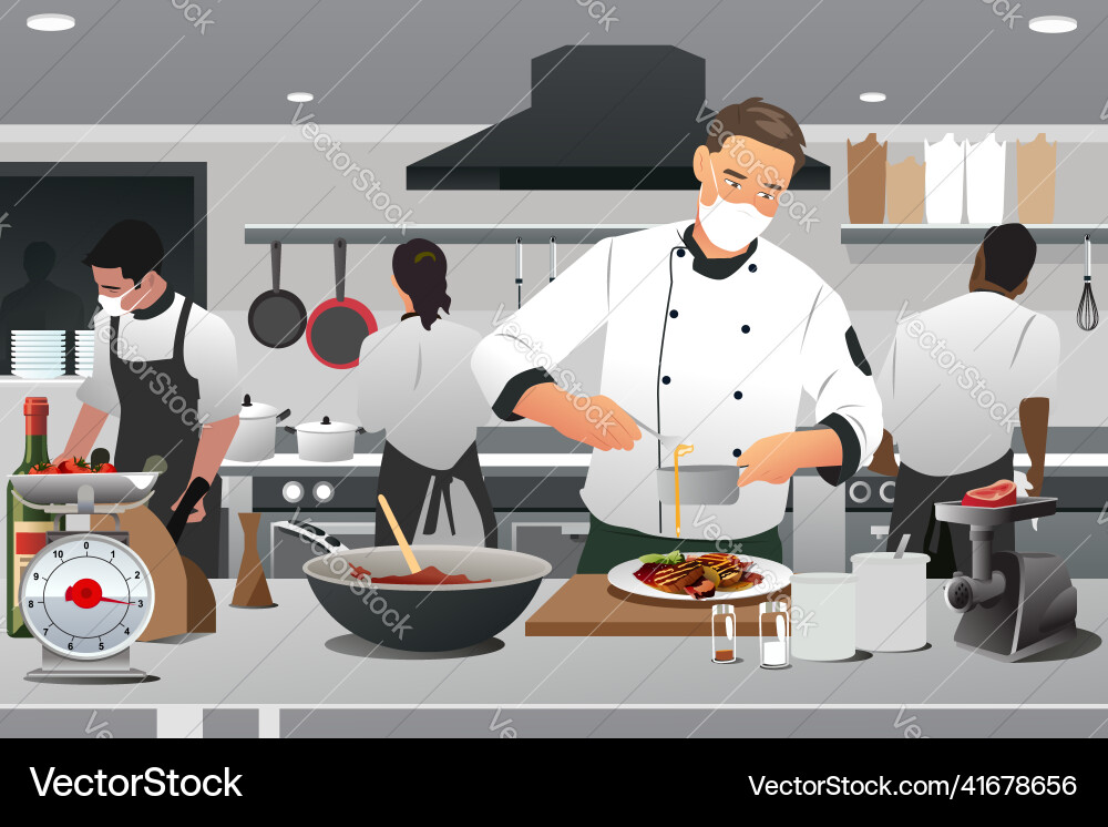 Professional chef wearing masks in the kitchen Vector Image