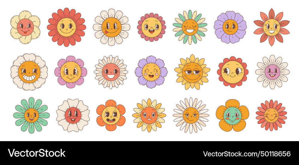 Retro groovy hippie daisy sunflower flower faces Vector Image