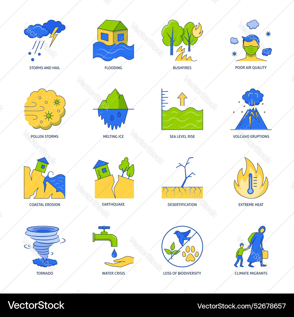 Extreme weather events flat icon set Royalty Free Vector
