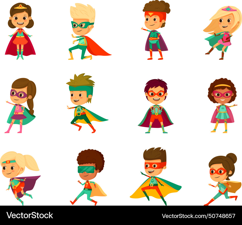 Kids superheroes cartoon icon set Royalty Free Vector Image
