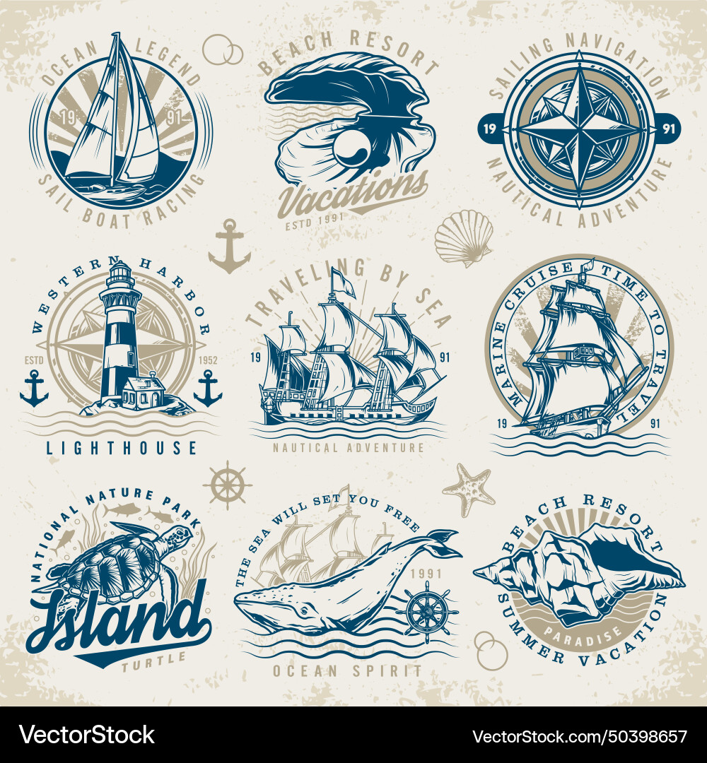 Ocean adventure set logotypes colorful Royalty Free Vector