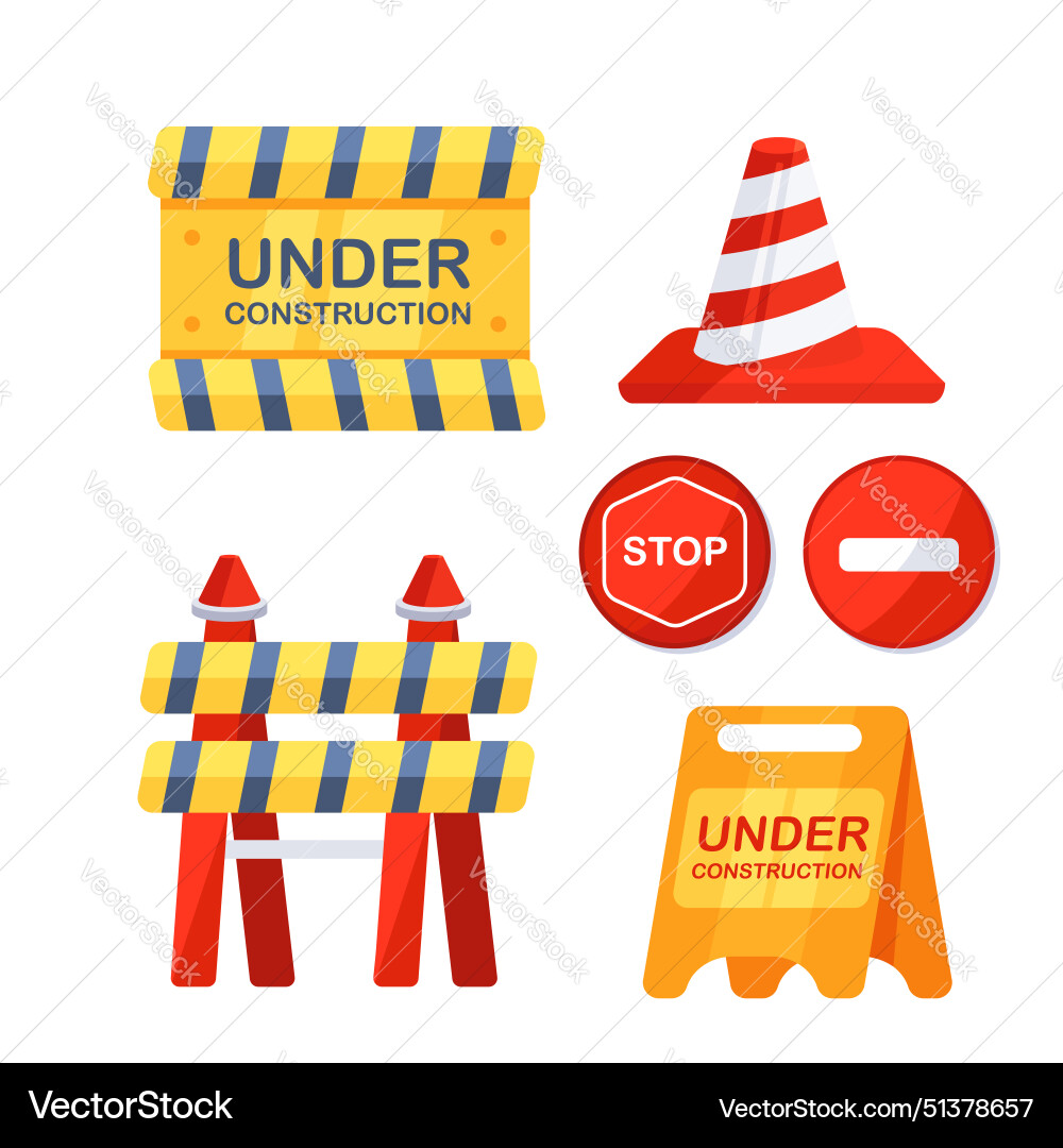 Under construction sign traffic road barriers set Vector Image