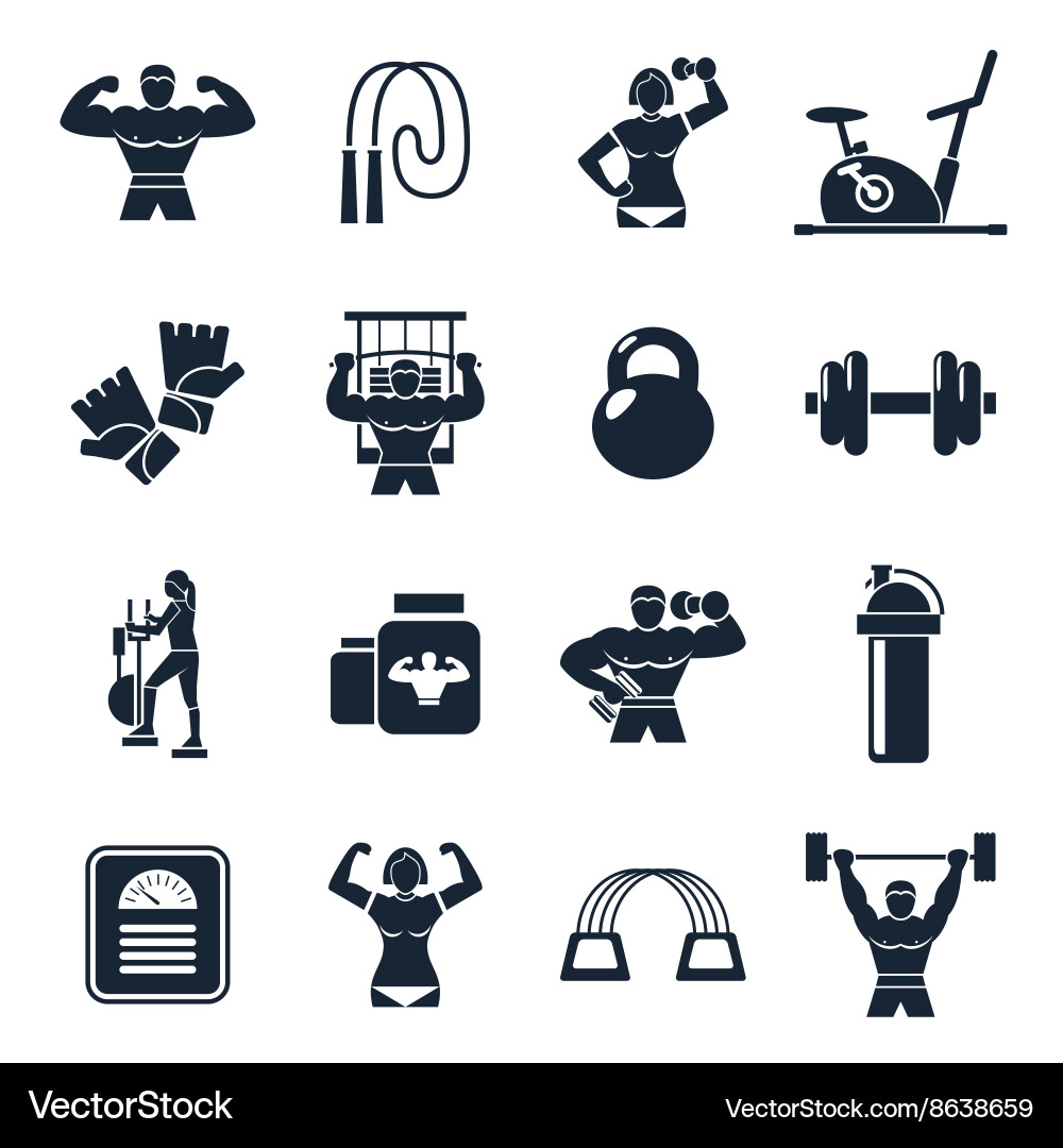 Bodybuilding black icon set Royalty Free Vector Image