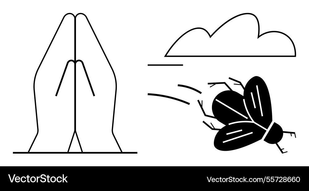 Hands in prayer gesture with a flying insect Vector Image