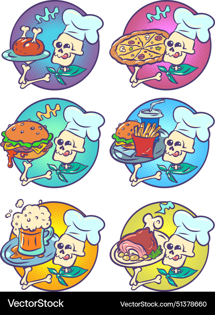 Skeleton chef set with different dishes delicious Vector Image