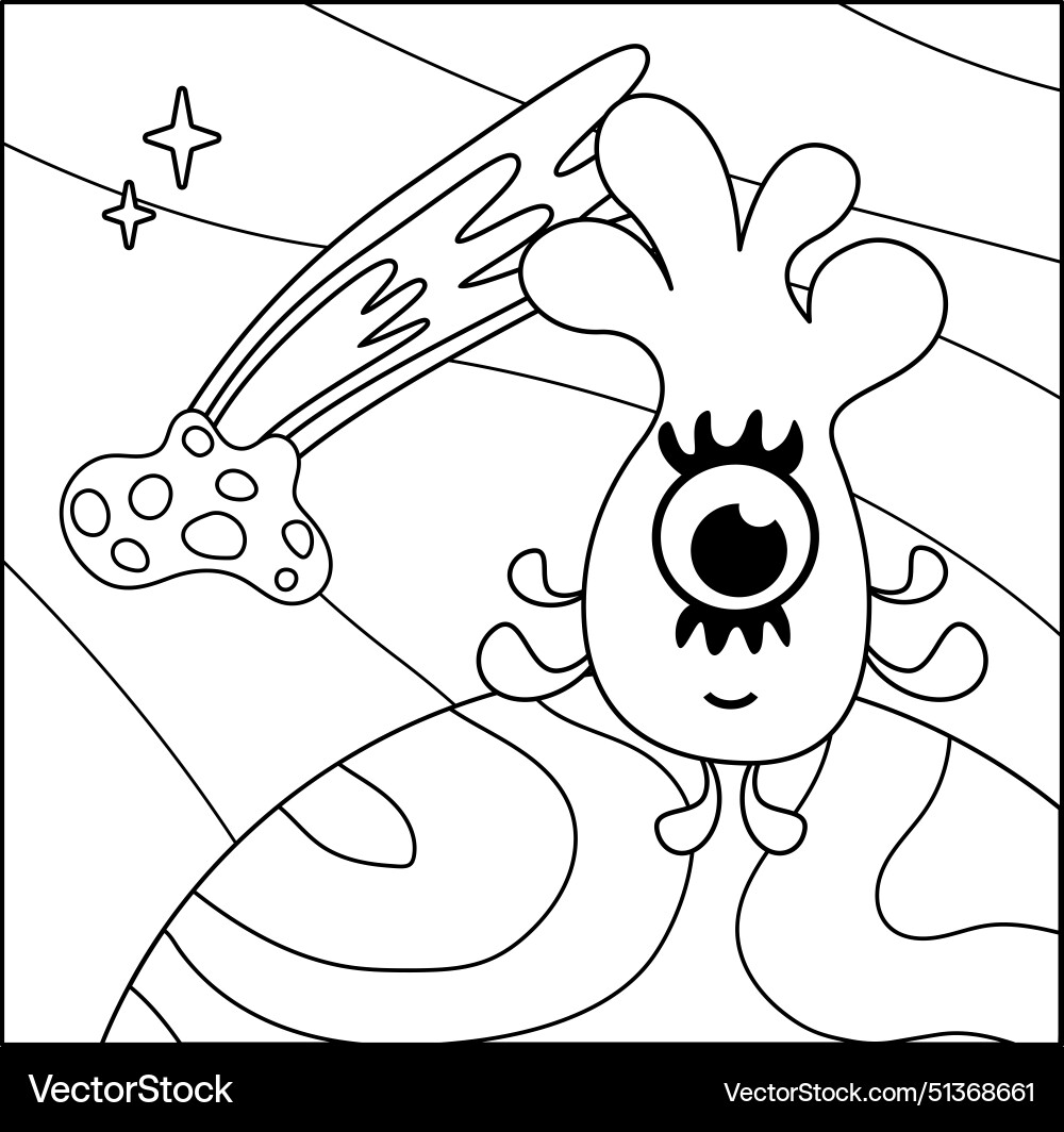 Coloring page cute space monster and meteor Vector Image