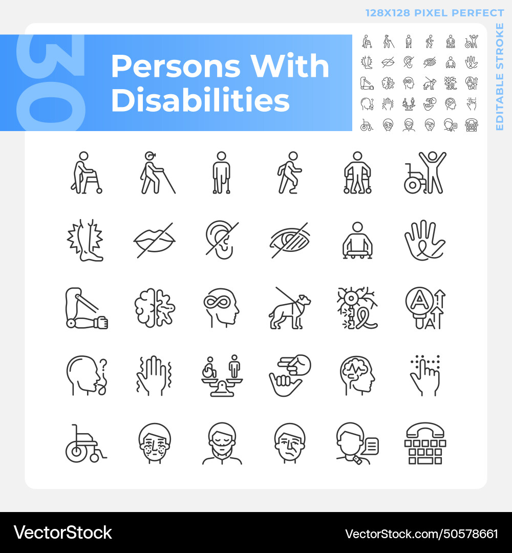 People with disabilities linear icons set Vector Image