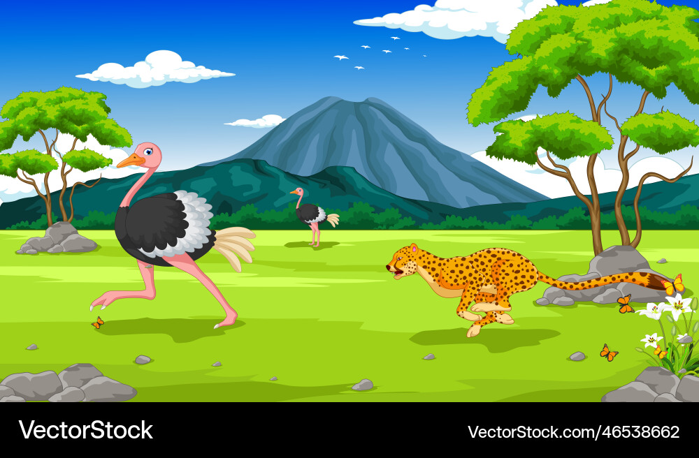 Cheetah and ostrich cartoon Royalty Free Vector Image
