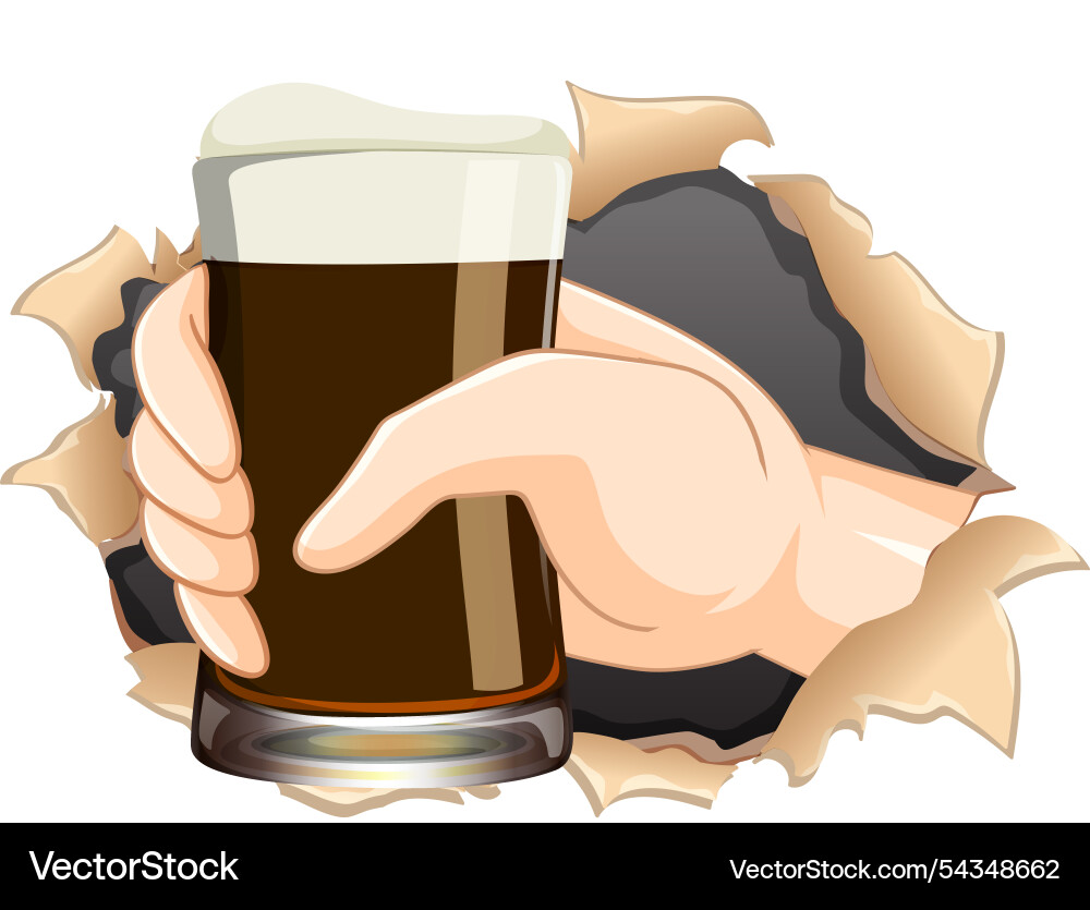 Hand holding beer through torn paper wall Vector Image