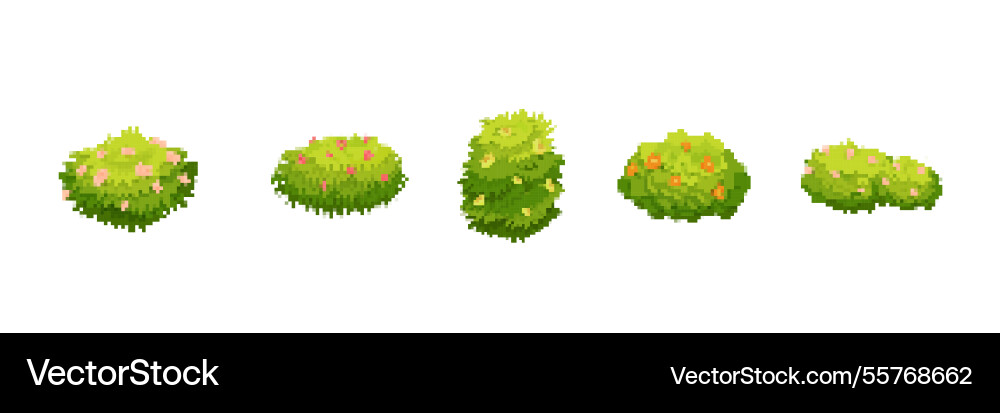 Pixel art bushes with flowers in five different Vector Image