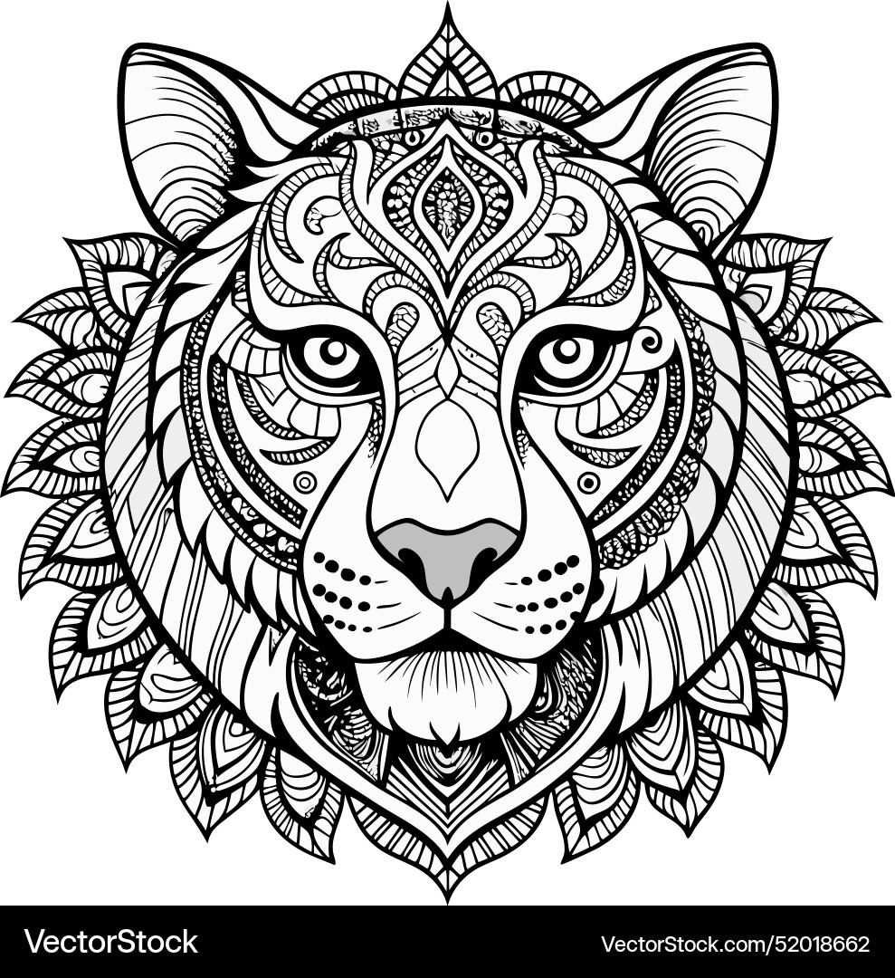 Tiger head mandala entangle coloring page Vector Image