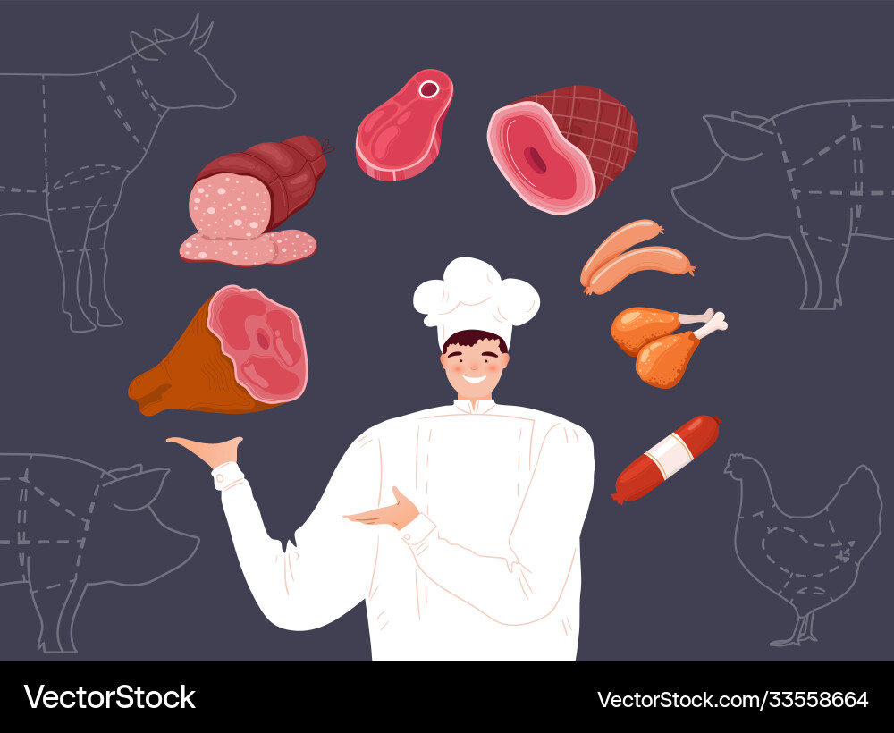 Chef cooks meat cartoon happy Royalty Free Vector Image