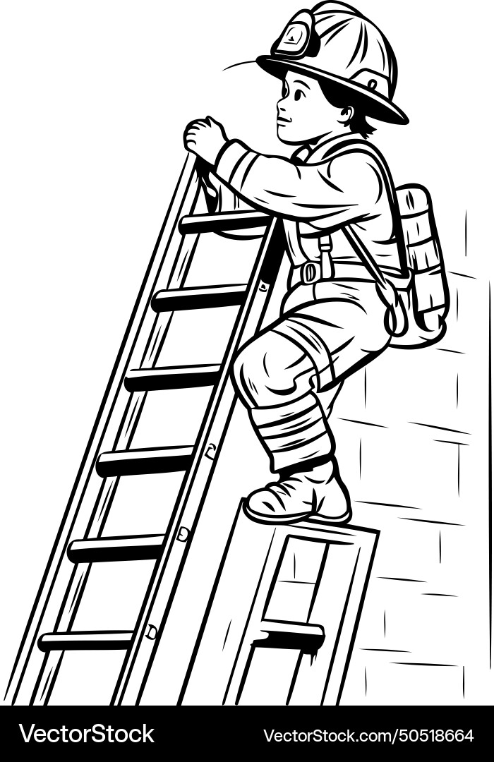 Firefighter standing on ladder of a fireman Vector Image