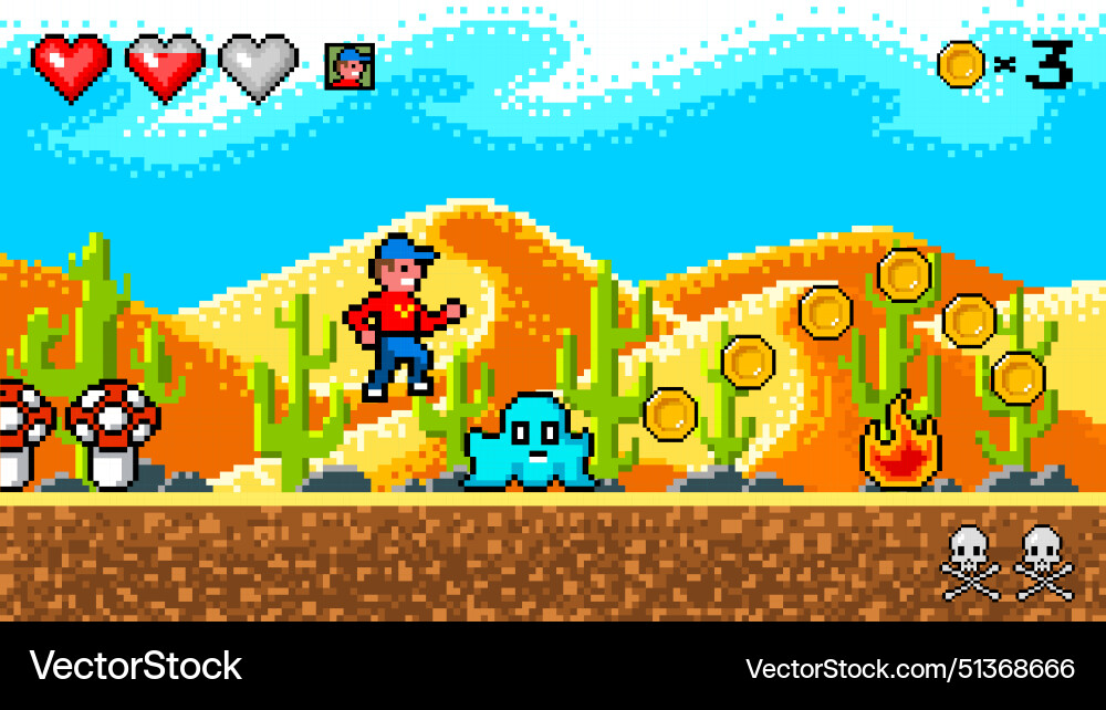 Pixel desert the game character collects coins Vector Image