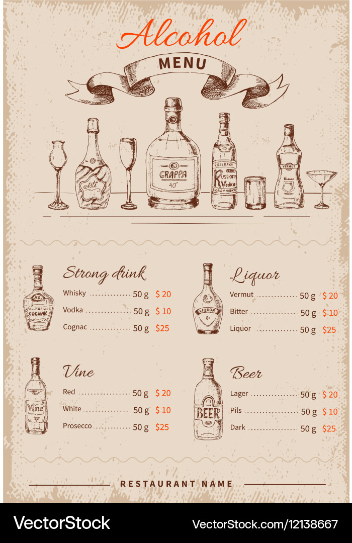 Alcoholic drinks hand drawn menu Royalty Free Vector Image
