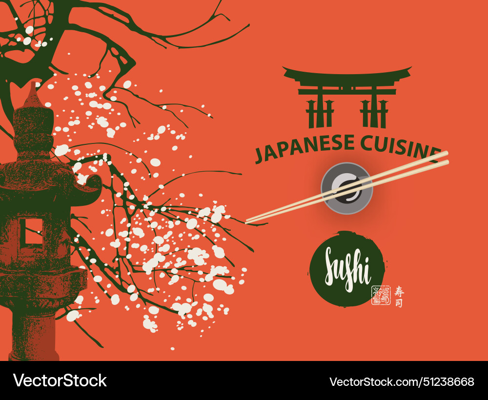 Menu sushi on red background with tree branches Vector Image
