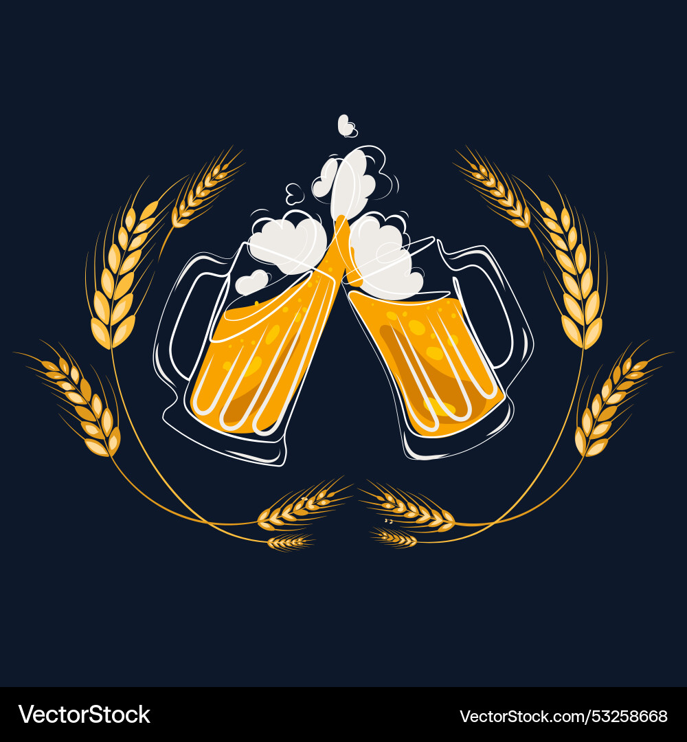 Two toasting beer mugs cheerswith spikelets Vector Image