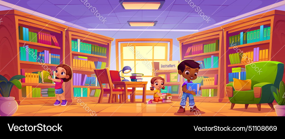 Children read book and study in school library Vector Image